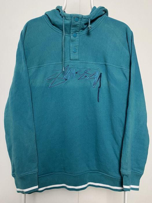 Vintage Stussy big logo hoodie quarter zip turquoise | Grailed