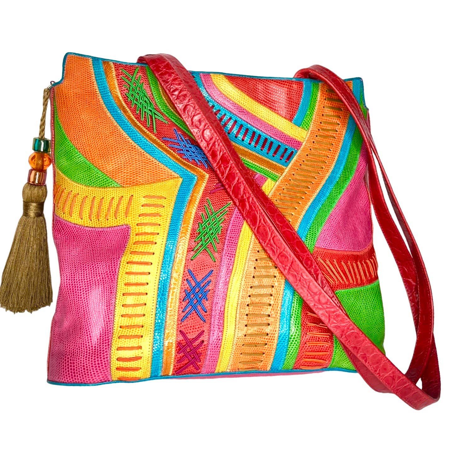 Designer Sharif LEATHER HANDBAG Croc Snakeskin Leather Pink Orange ...
