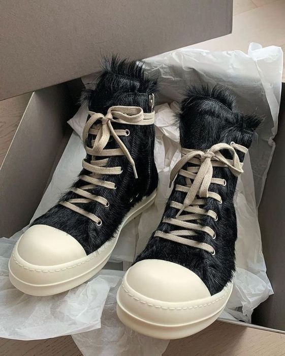 Rick Owens Rick Owens black milk pony hair high top ramones | Grailed