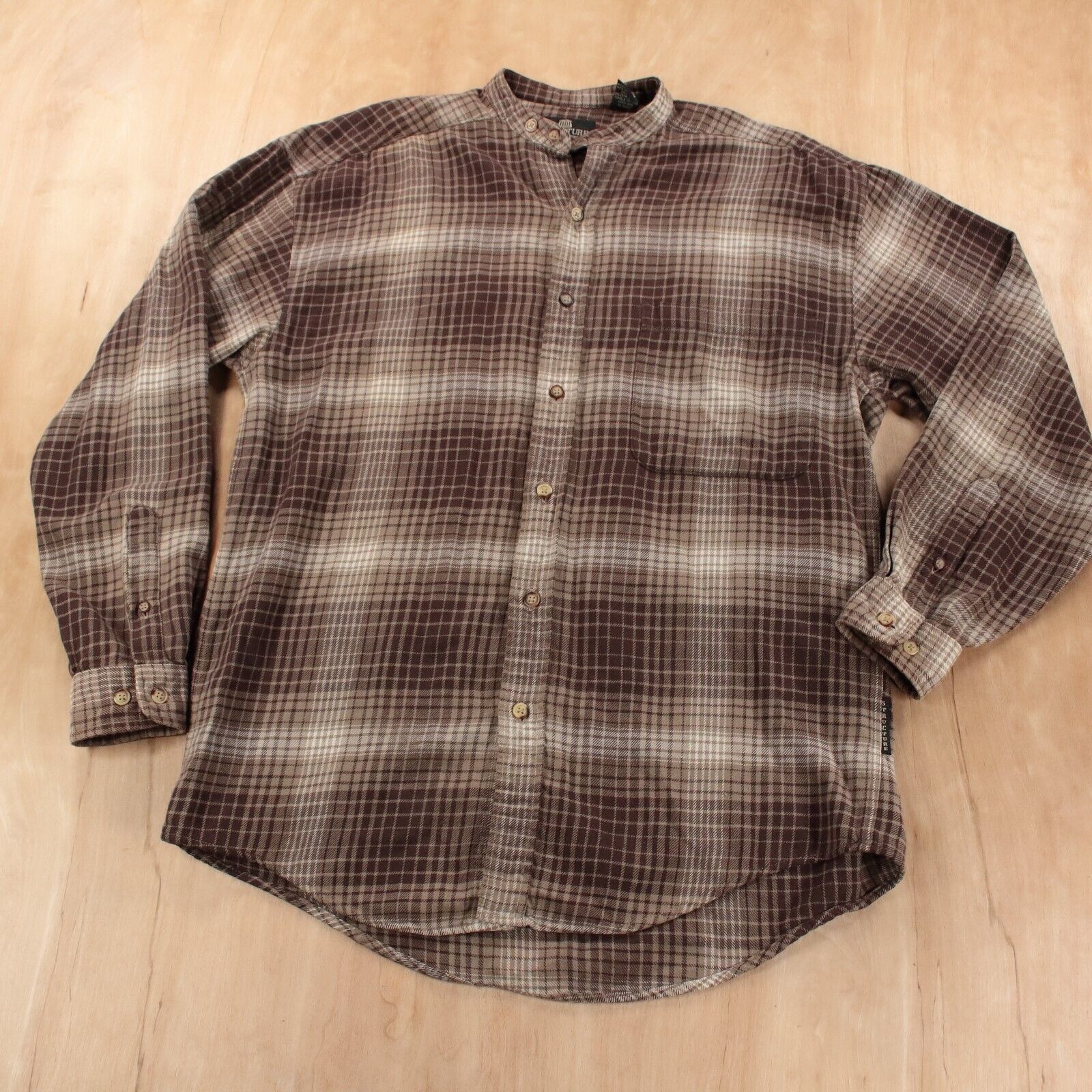Vintage vtg 90s Structure band collar flannel shirt SMALL brown plaid ...