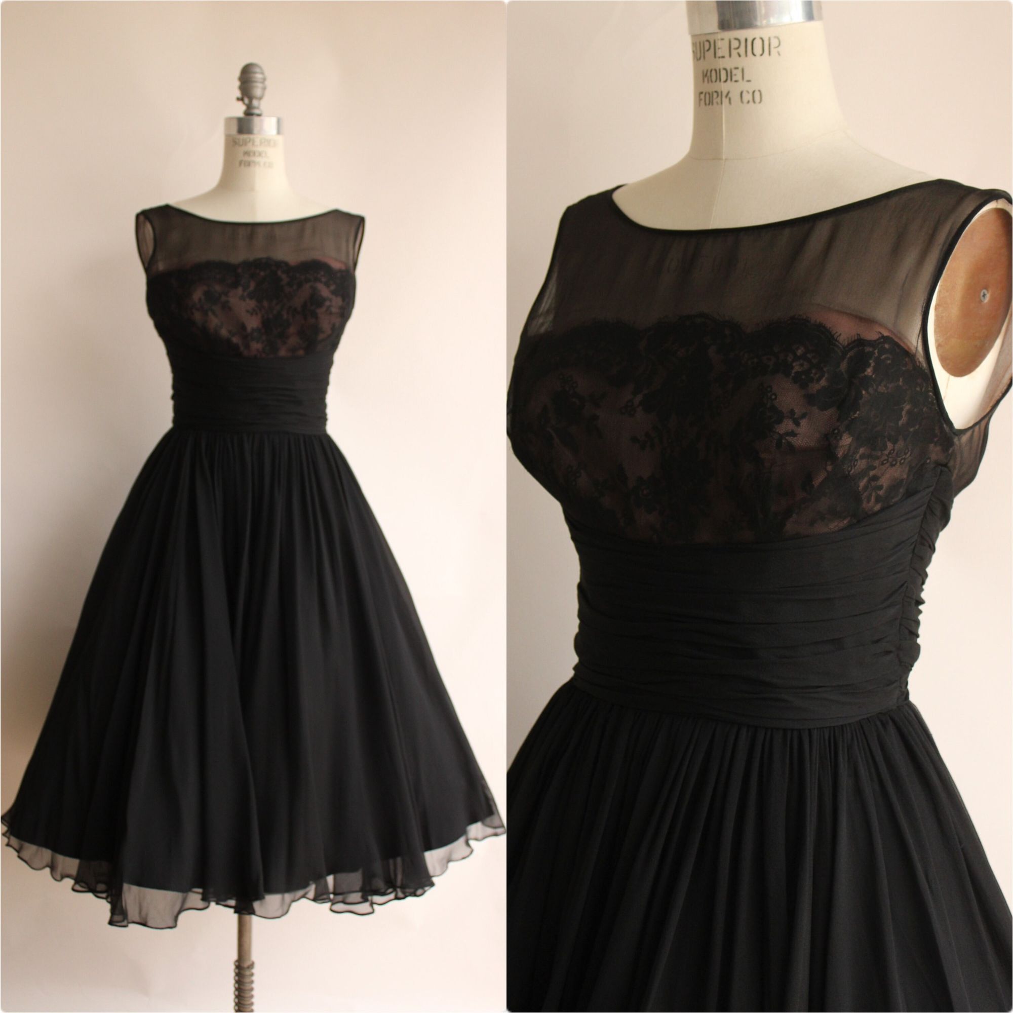 Vintage Vintage 1950s Dress, Saks Fifth Avenue Black Chiffon Fit And ...