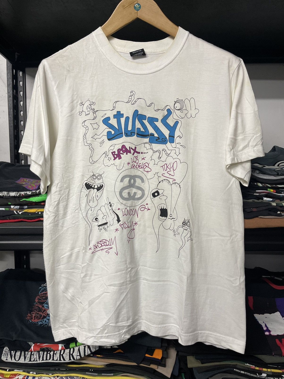 Stussy × Vintage Vintage Stussy Cartoon Skateboard Mirror Print Tees ...