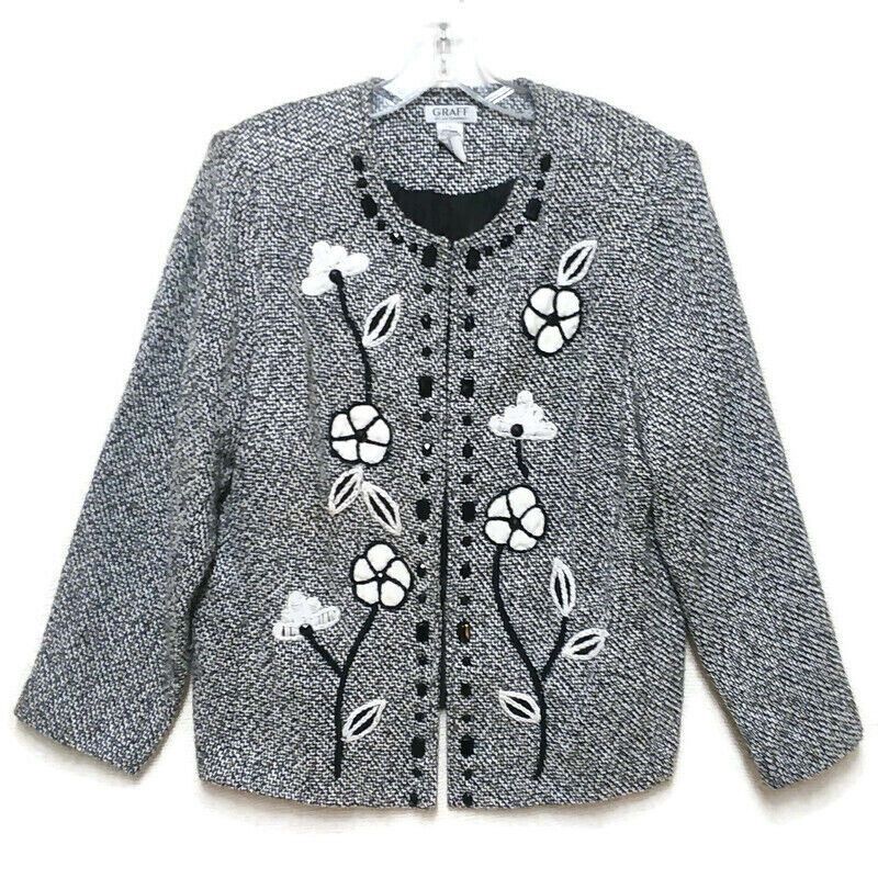 Vintage Graff Twill Jacket Womens Large LS Floral Embroidery Beaded ...