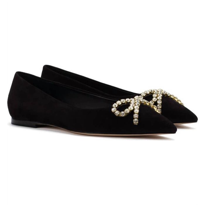 Designer LARROUDE Lee Crystal Embellished Bow Suede Flats In Black | Grailed