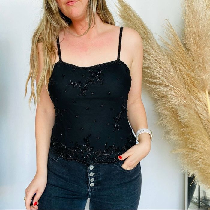 Vintage VINTAGE SCALA Black Floral Sequin Bead Tank Top Silk Cami | Grailed