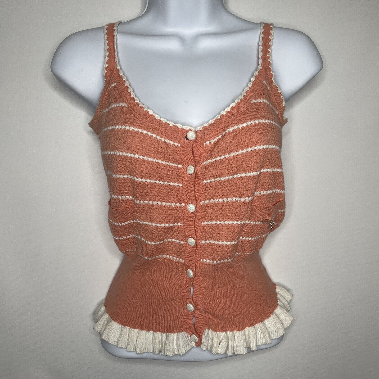 Guess Peach White Striped Knit Button Up Ruffled Peplum Camisole | Grailed