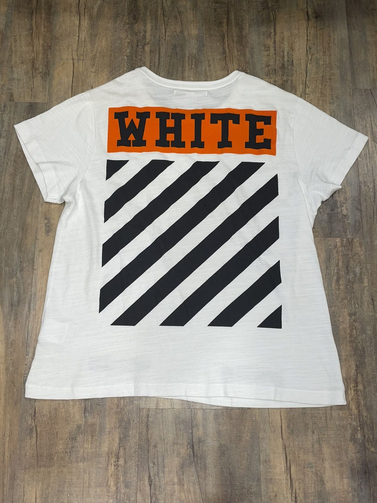 Off-White RARE Off-White Orange Box Logo Diagonals White Tee Oversized ...