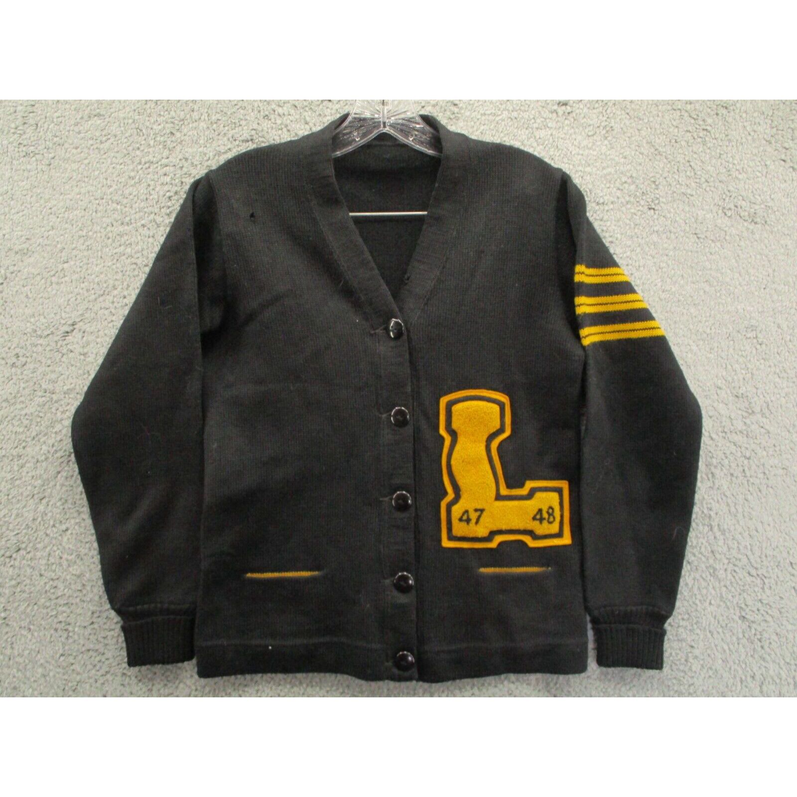 Vintage Vintage 40s Black Wool Letterman Cardigan Sweater *Hole* Mens S ...