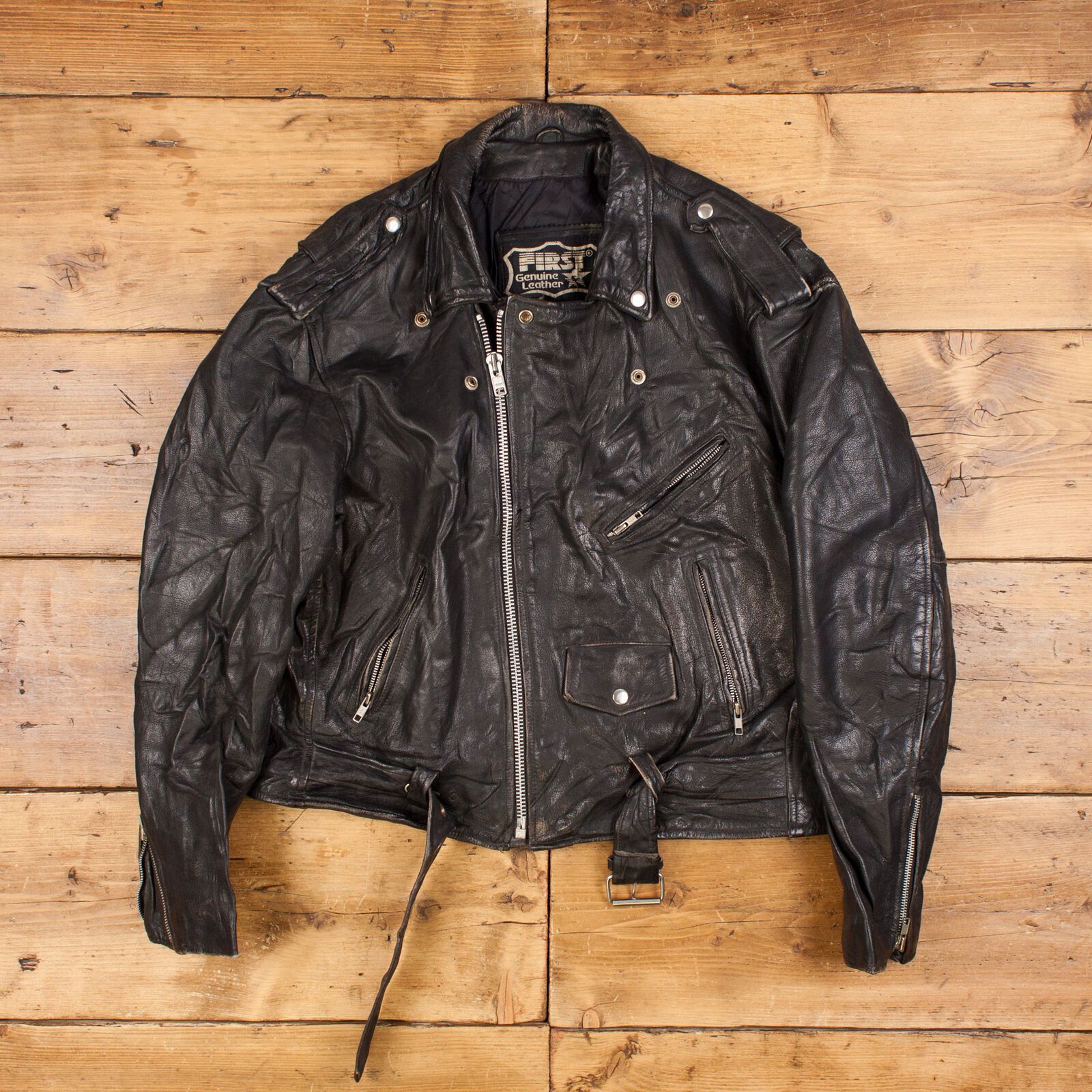 Vintage Vintage First Genuine Leather Leather Jacket XL Biker Black Zip ...