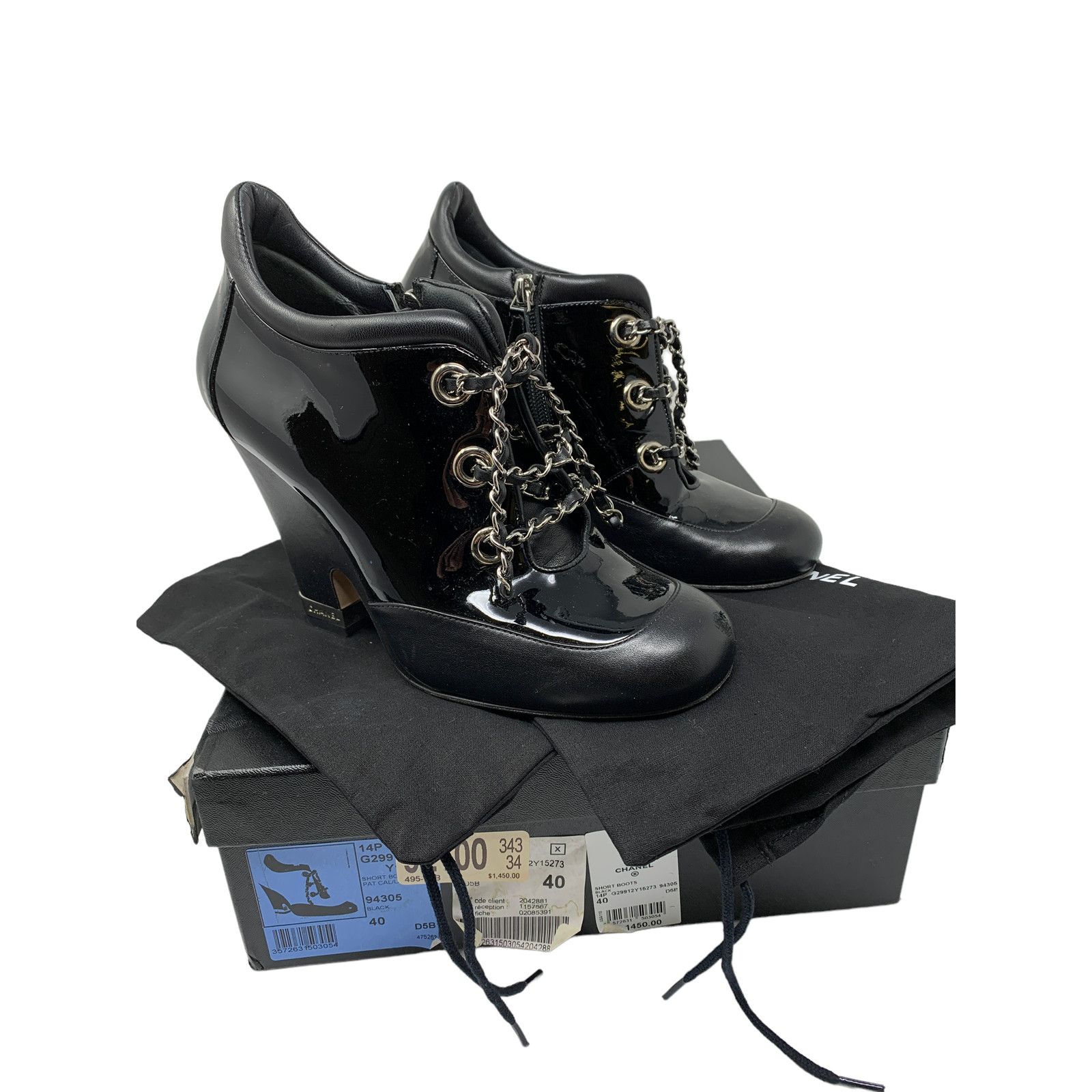 Chanel CHANEL 40 US 10 Patent Leather Chain Lace Up Wedge Heel Boot ...