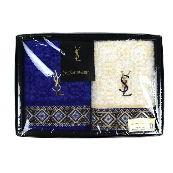 Yves Saint Laurent Yves Saint Laurent Ivory/Blue Set of 2 YSL Logo Hand ...