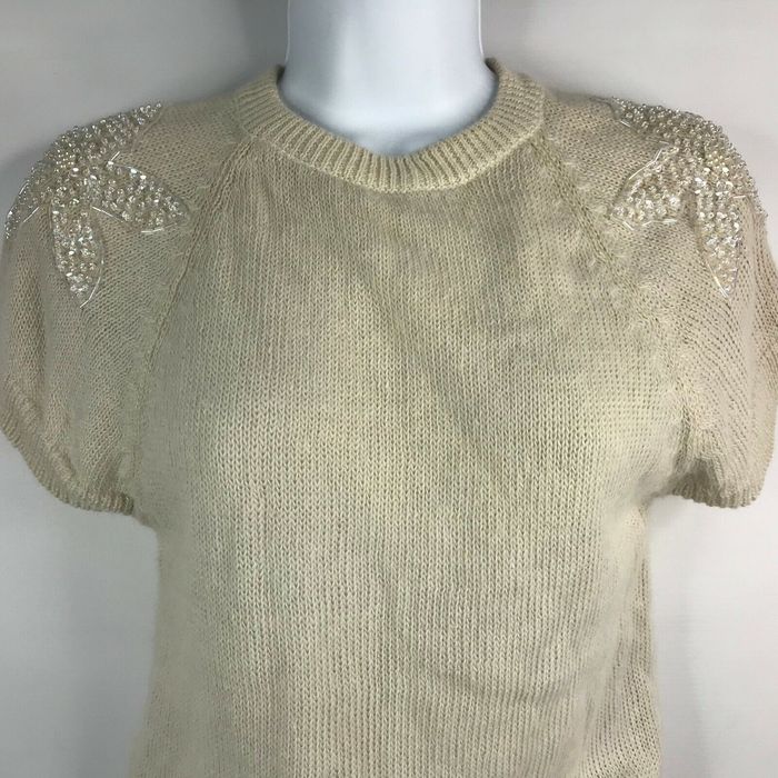 Vintage 80s Italian Mob Floral Beaded Ivory Fuzzy Angora Sweater | Grailed