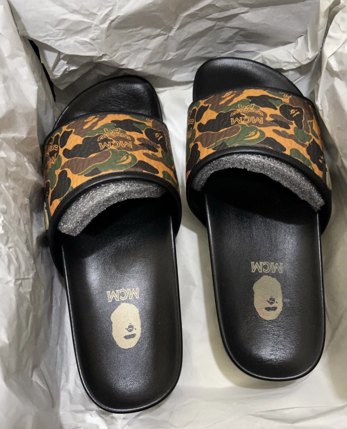 Bape Bape x MCM Slides Visetos Camo | Grailed