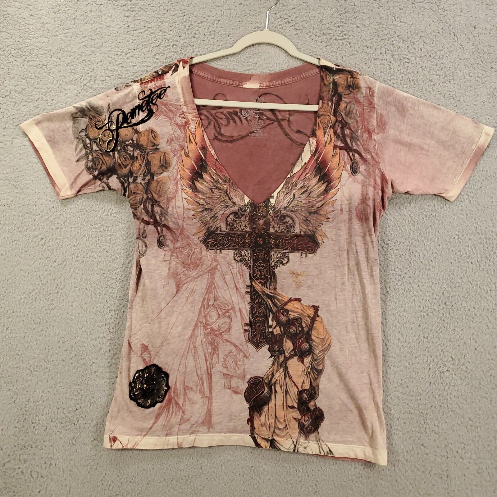 Affliction Remetee T Shirt Womens XL Affliction Cross Roses Pinkish Red ...