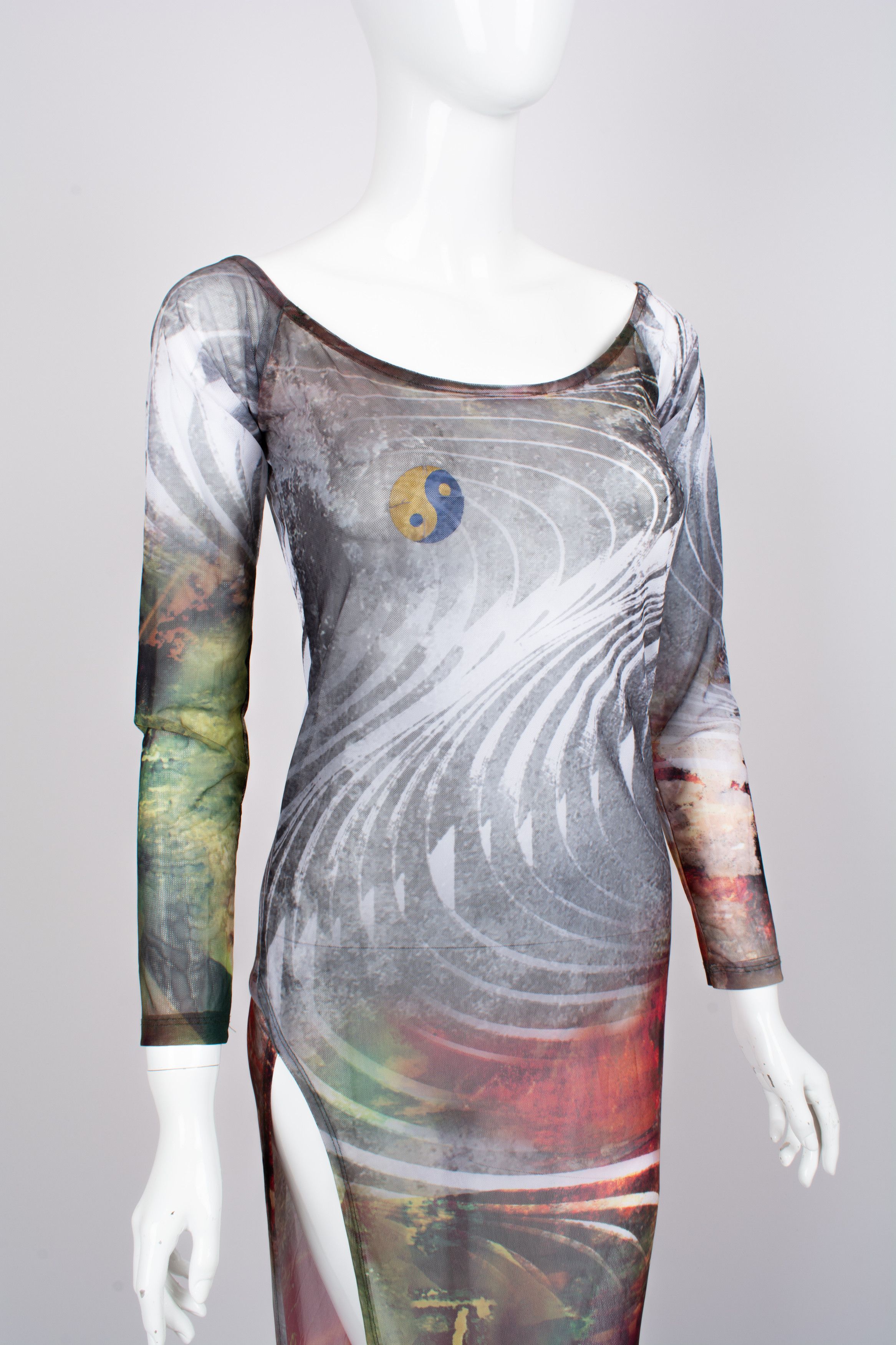 Vintage Techno-Rave Style Abstract Overprint Transparent Mesh Dress ...