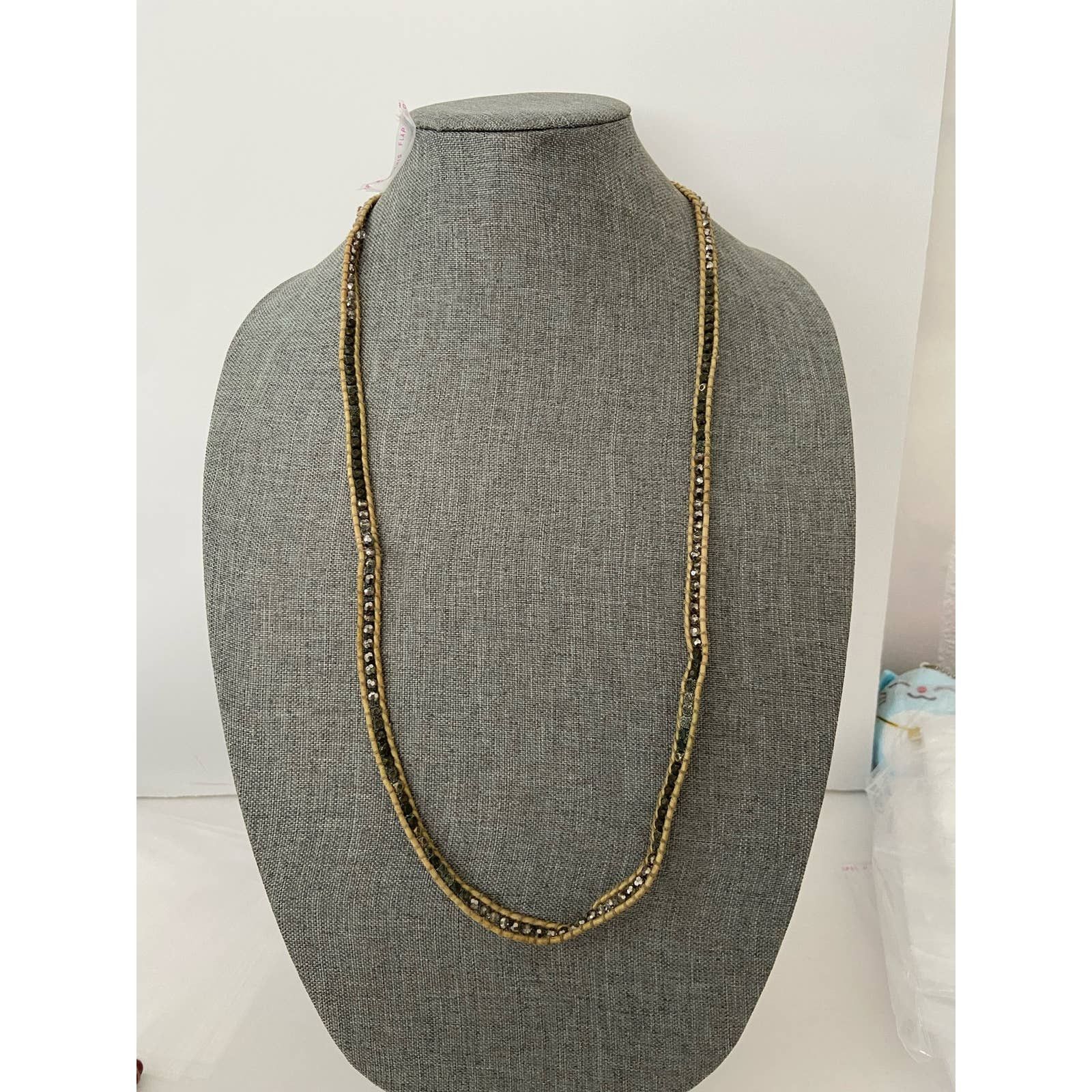 Handmade Vintage tan stretchy cord necklace with silver tone beads ...