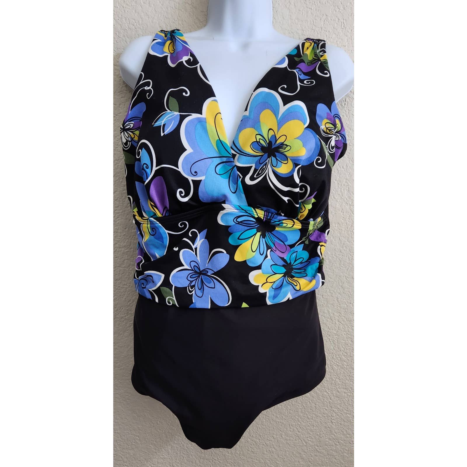 Other Inches Away Black Blue Yellow Floral One Piece Swim Suit 20W ...