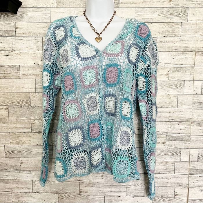 Other APPLESEEDS Blue Patchwork Crochet Cardigan, M Petite | Grailed
