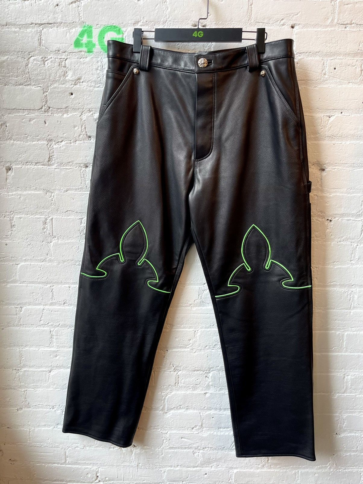 Chrome Hearts Chrome Hearts 1/1 NEW LEATHER 4G FLEUR KNEE CARGO JEANS ...