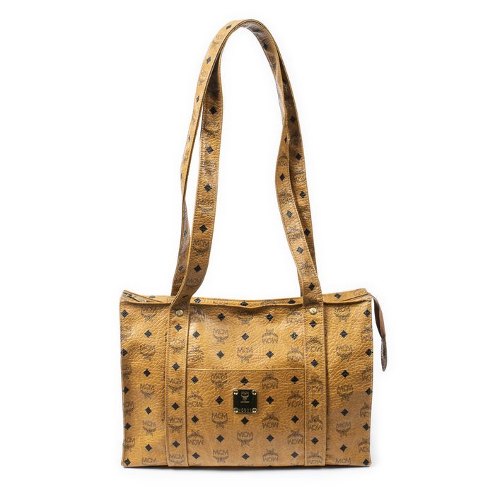 MCM Medium Square Long Straps Zip Tote in Cognac Visetos Coated Canvas ...