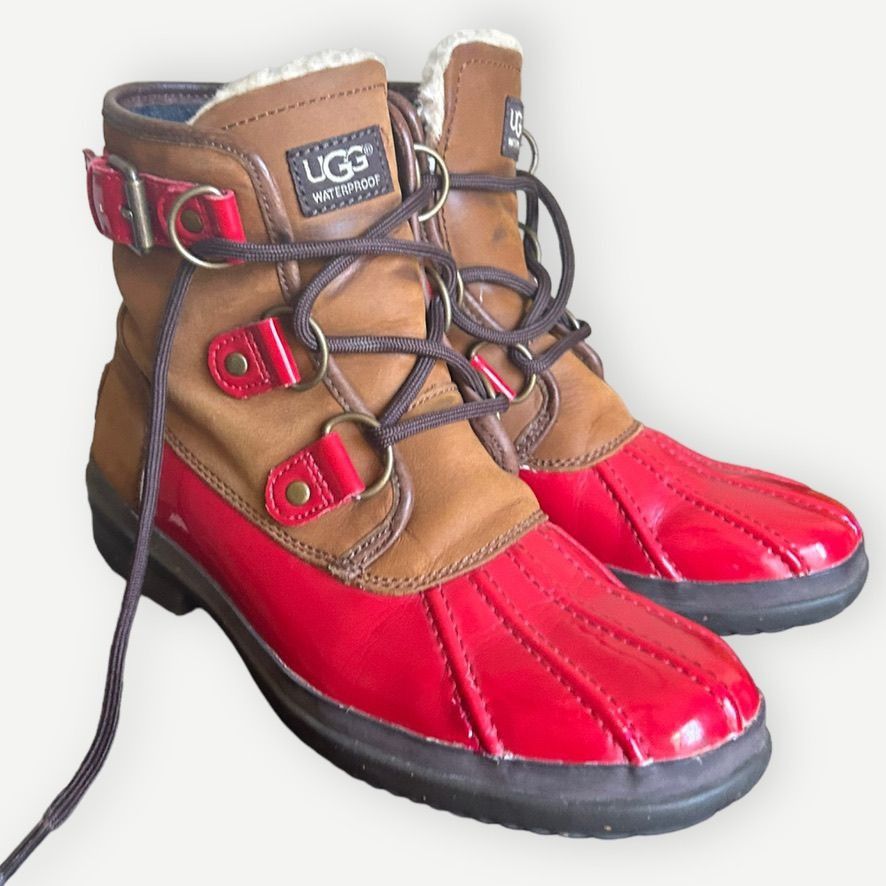 Ugg UGG Waterproof Duck Boot 6.5 Red Rubber Brown Nubuck Leather | Grailed