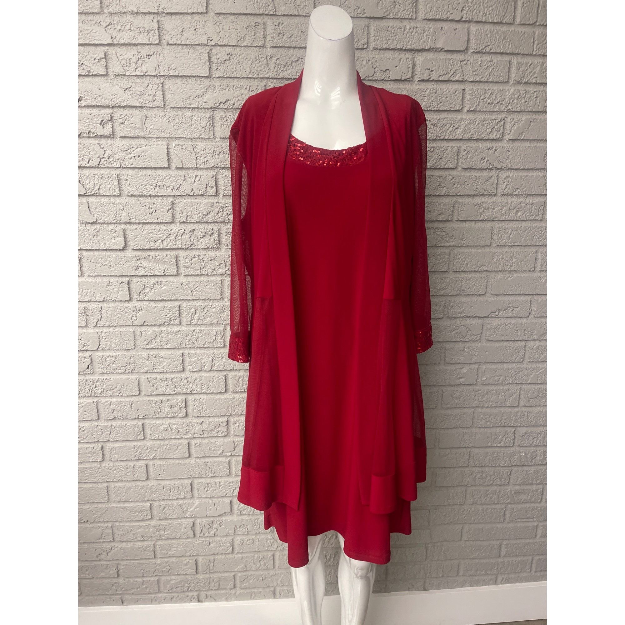 Other R & M Richards Red Sequin Mesh Panel Dress Jacket Set 14 | Grailed