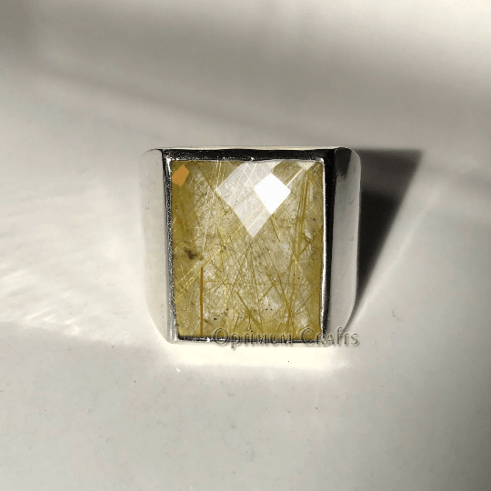 Handmade Natural Checker Cut Golden Rutile Handmade Mens Ring | Grailed