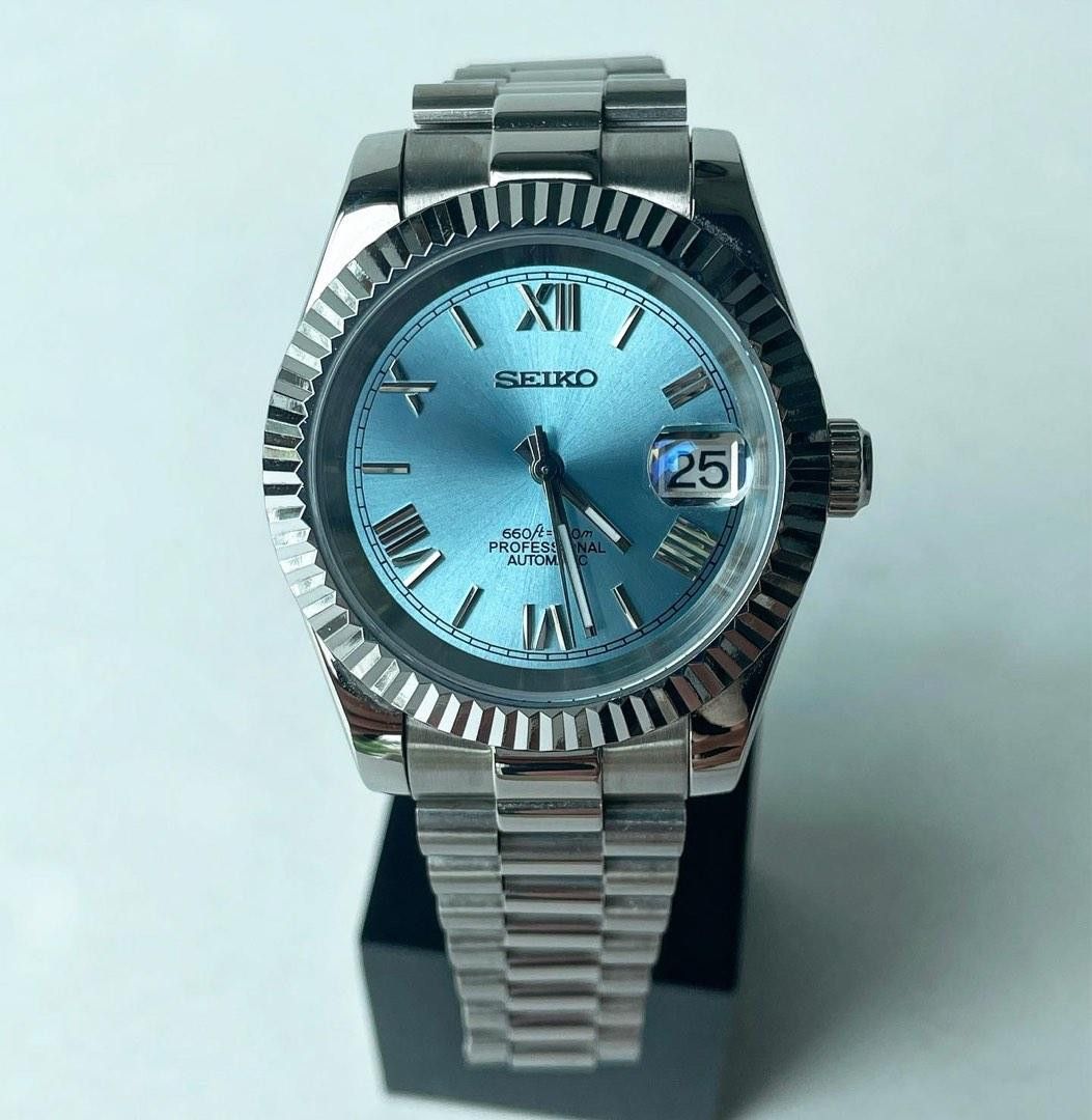 Custom Custom Seiko Watch Mod Ice Blue Fluted Roman President 39MM ...