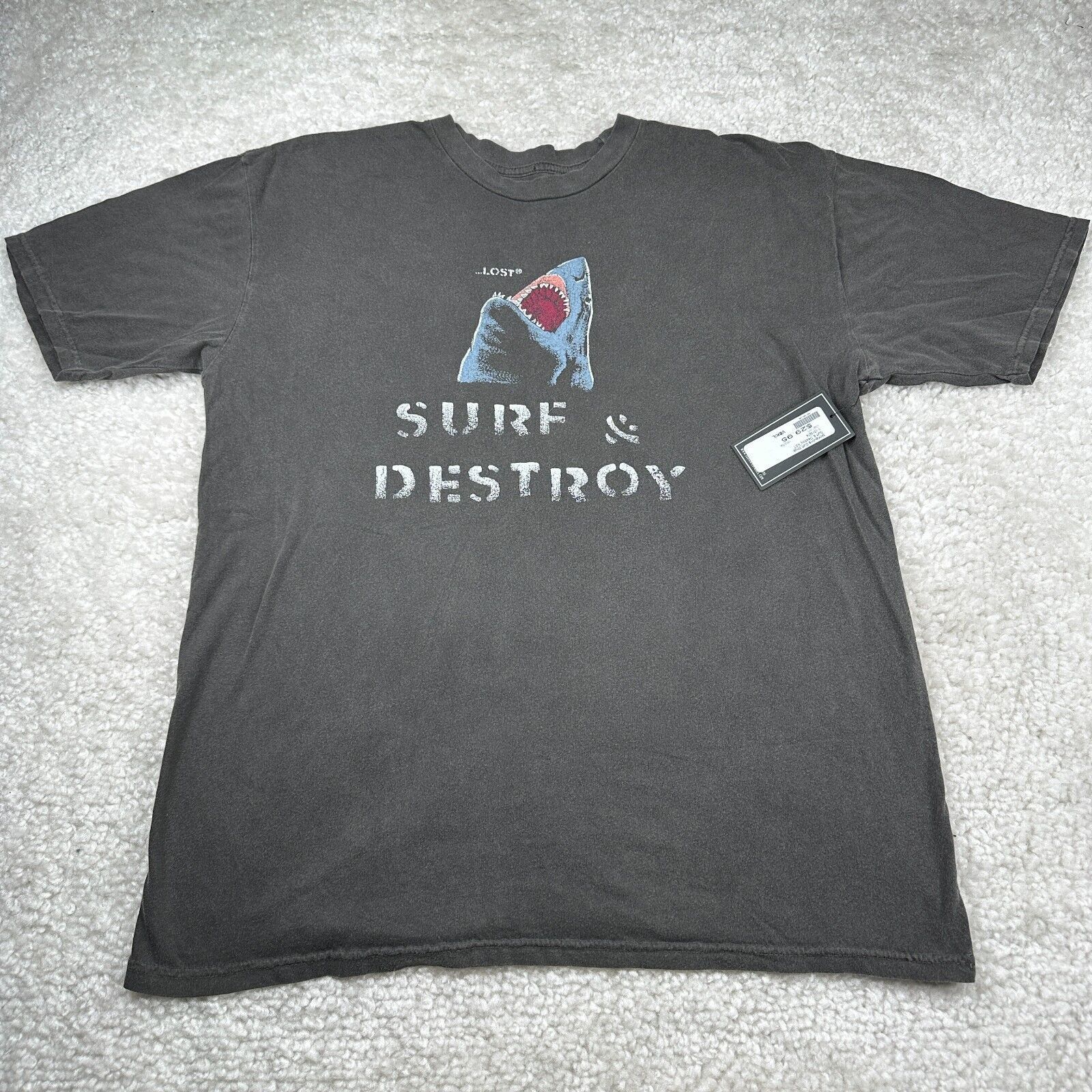 Vintage Lost Shirt Mens Large Black Short Sleeve Surf Tee Shark Graphic ...