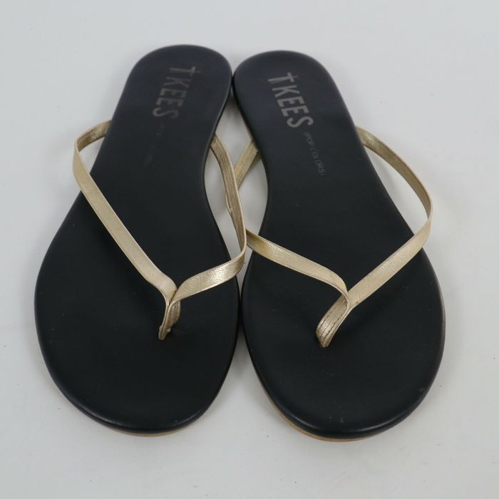 Vintage TKEES Flip Flops Slides Thong Sandals Womens 10 Leather Metallic Gold Beach | Grailed