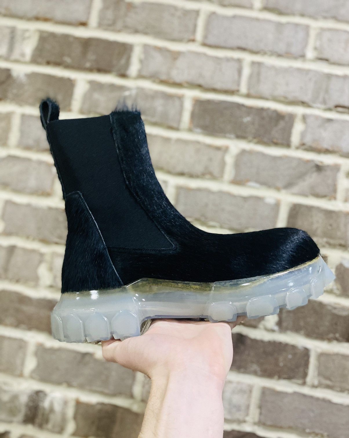 Rick Owens New calf hair transparent sole bozo beatle tractor boots ...