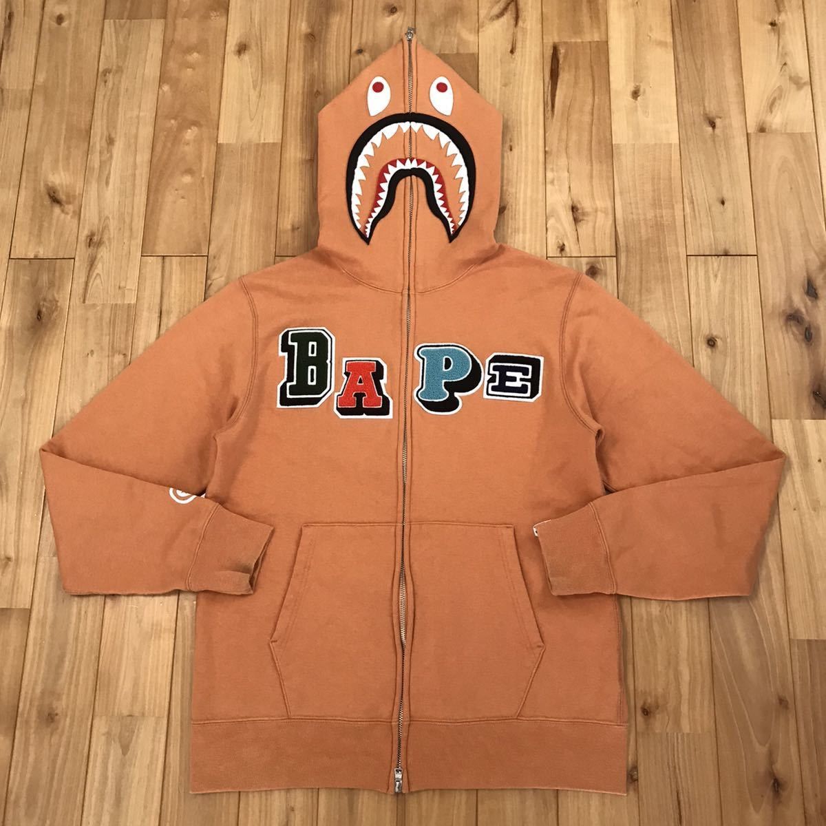 Bape BAPE logo multi fonts Shark full zip hoodie Orange | Grailed