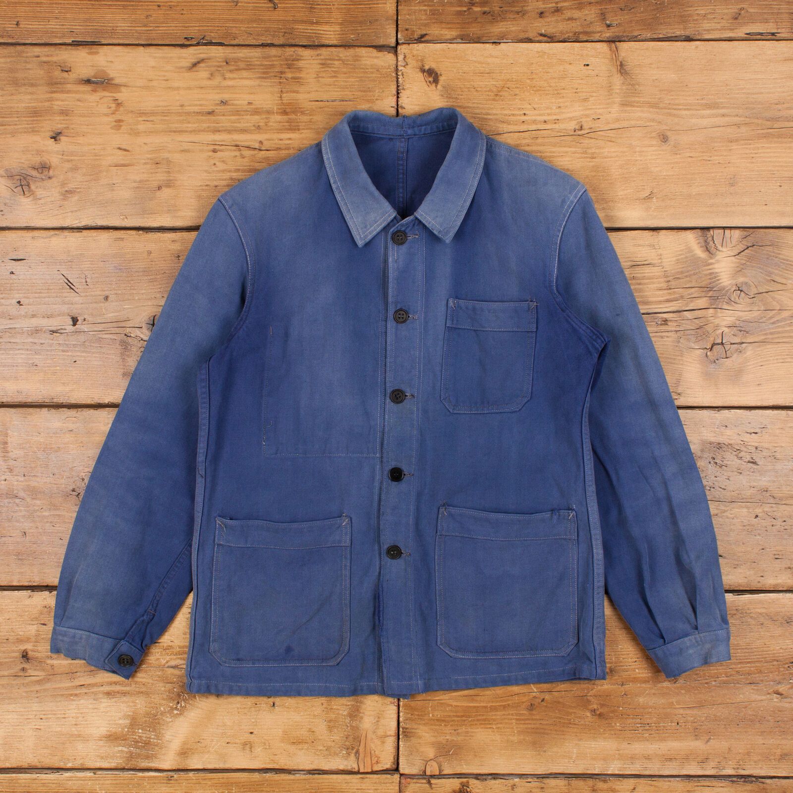 Vintage Vintage French Workwear Jacket M 70s Sun Faded Blue Button ...