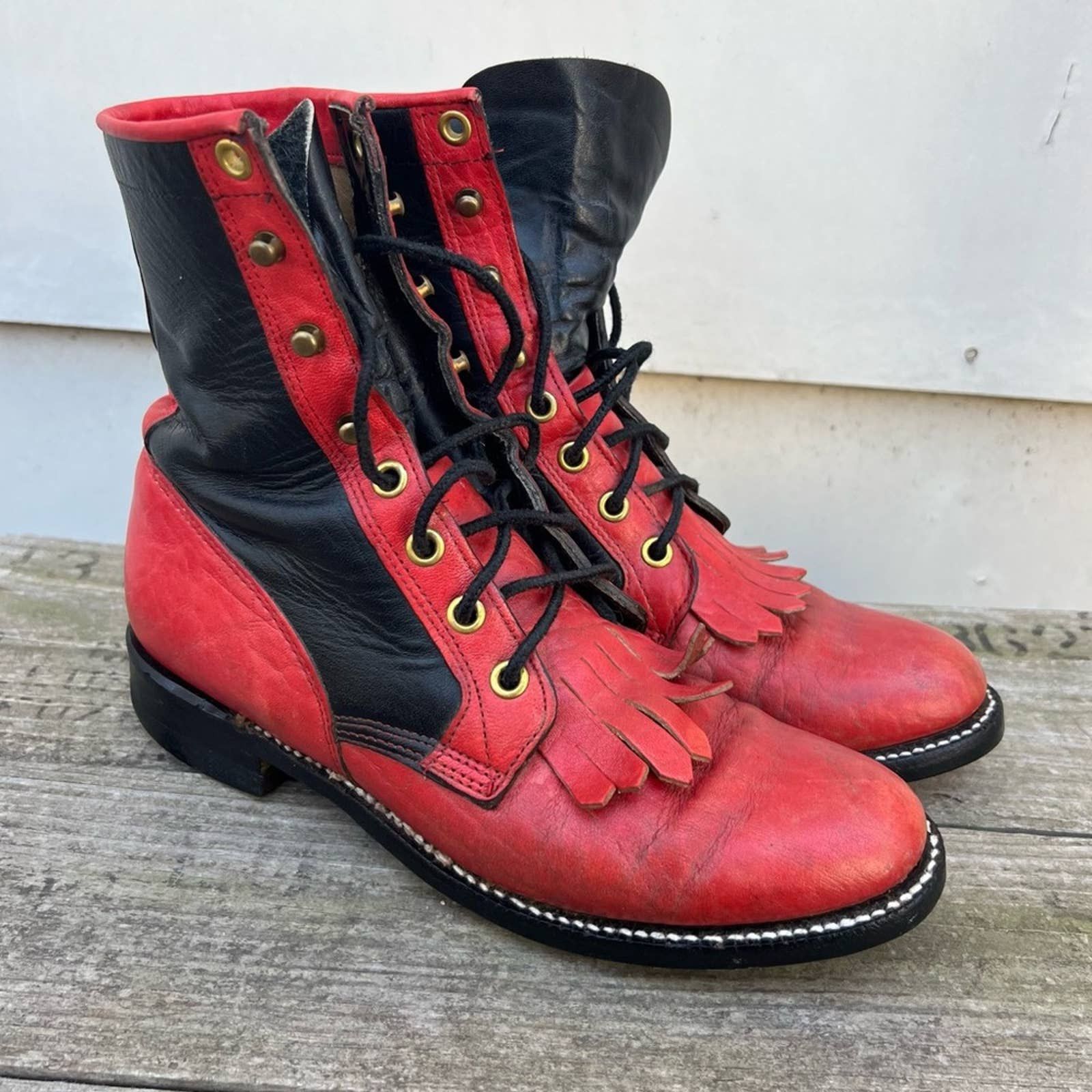 Justin Boots Justin Roper Kilte Fringe Lacer Black Red Goth Granny ...