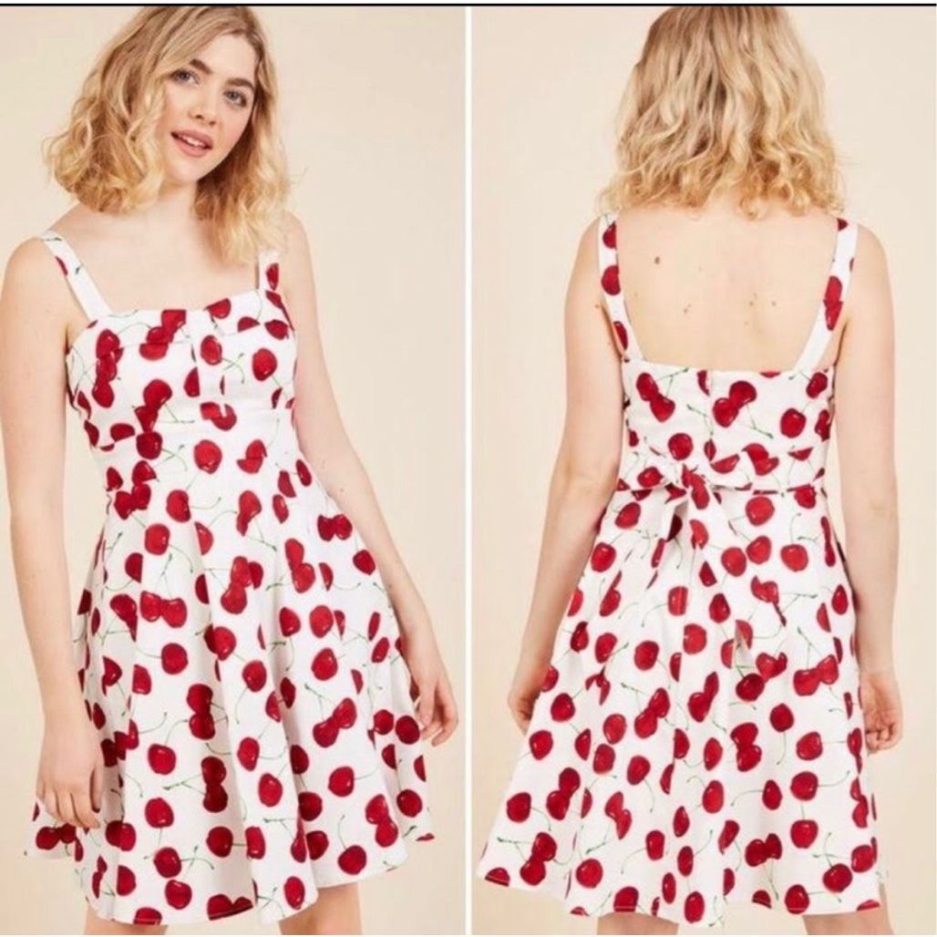 Other ModCloth Ixia Cherry Print Fit and Flare Rockabilly Retro Dress L ...