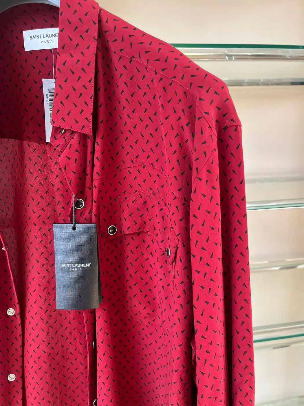 Saint Laurent Paris Flat Pocket Silk Shirt with Trait Triangle Print ...