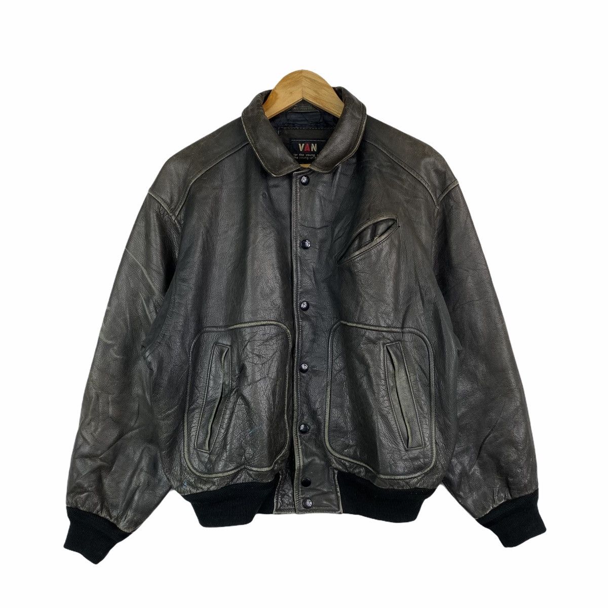 Leather Jacket × Van × Vintage VINTAGE VAN JAC FULLY BUTTON LEATHER VARSITY JACKET | Grailed