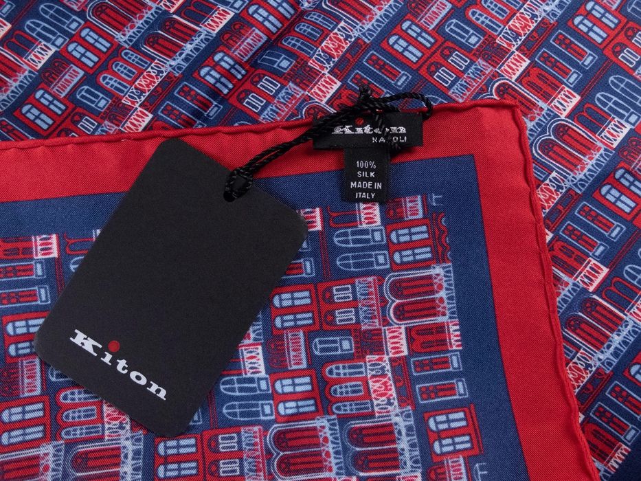 Kiton KITON red building motif silk pocket square authentic - NWT | Grailed