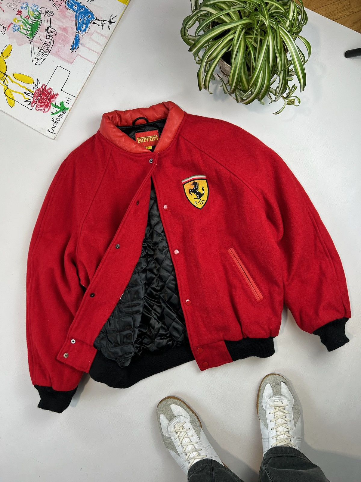 Ferrari × Racing × Vintage Ferrari Bomber varsity with leather collar ...
