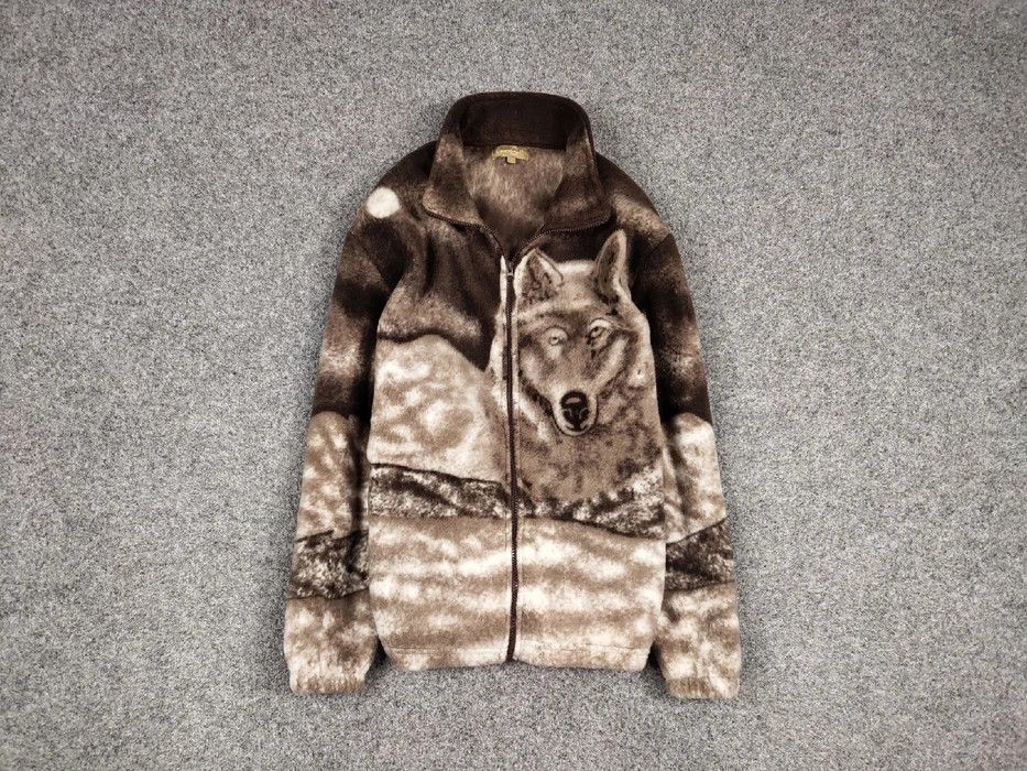Hype × Streetwear × Vintage Vintage 90s Wolf Zip Fleece Brown Jacket ...