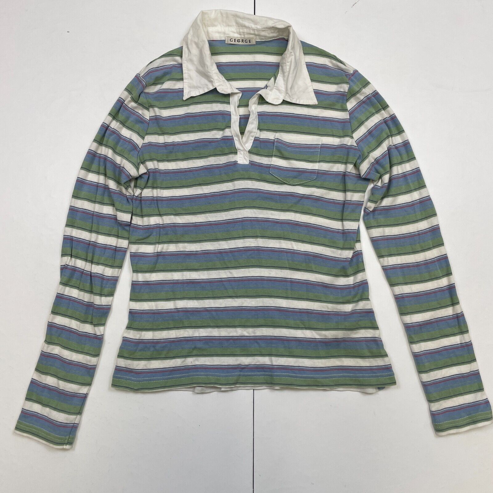George George Polo Shirt 12 Blue Green Striped Long Sleeve Rugby Top ...