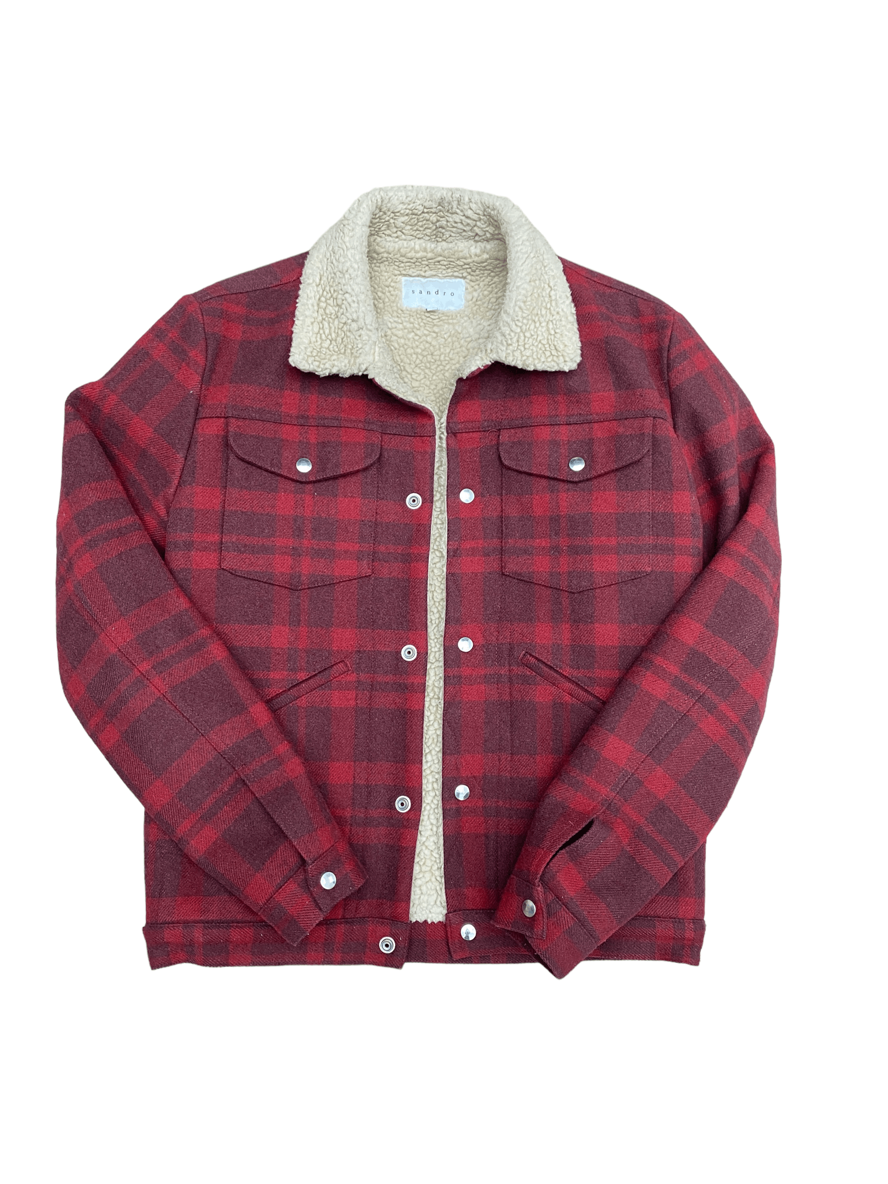 Sandro Red Wool check Shearling jacket | Grailed