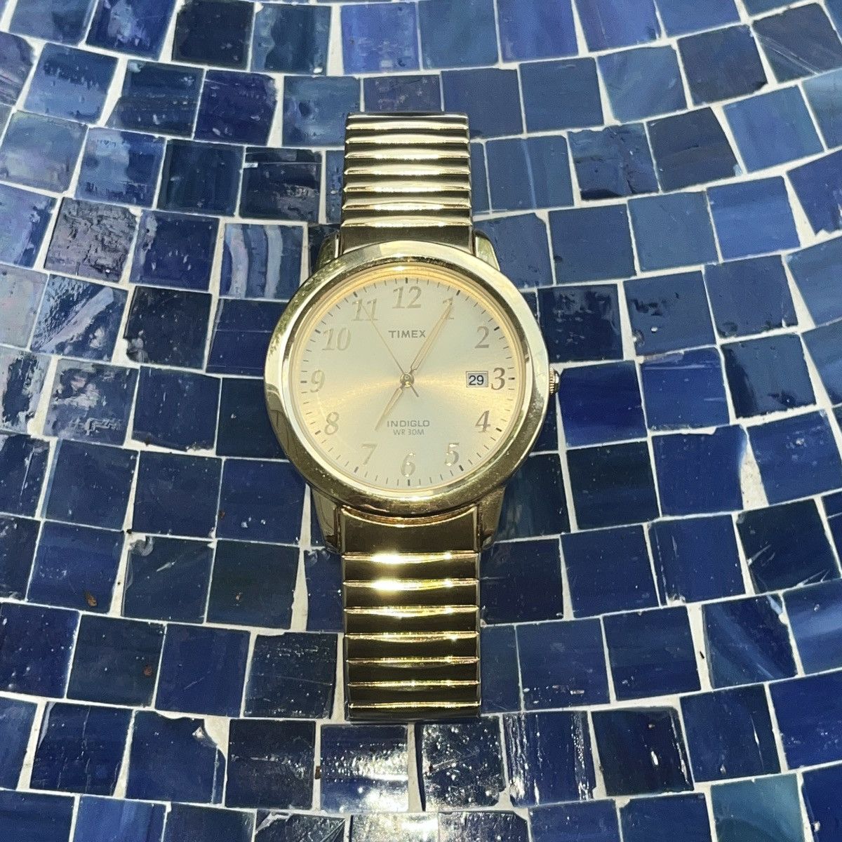 Timex × Watch TIMEX Gold Watch Indiglo WR 30M Stretch Band Stainless ...
