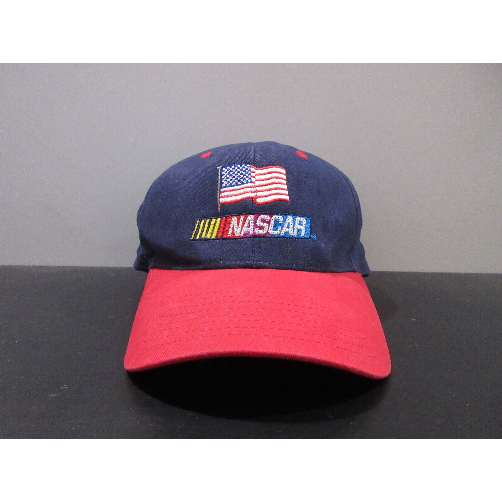 NASCAR VINTAGE Nascar Hat Cap Strap Back Blue Red Racing USA Flag Mens ...
