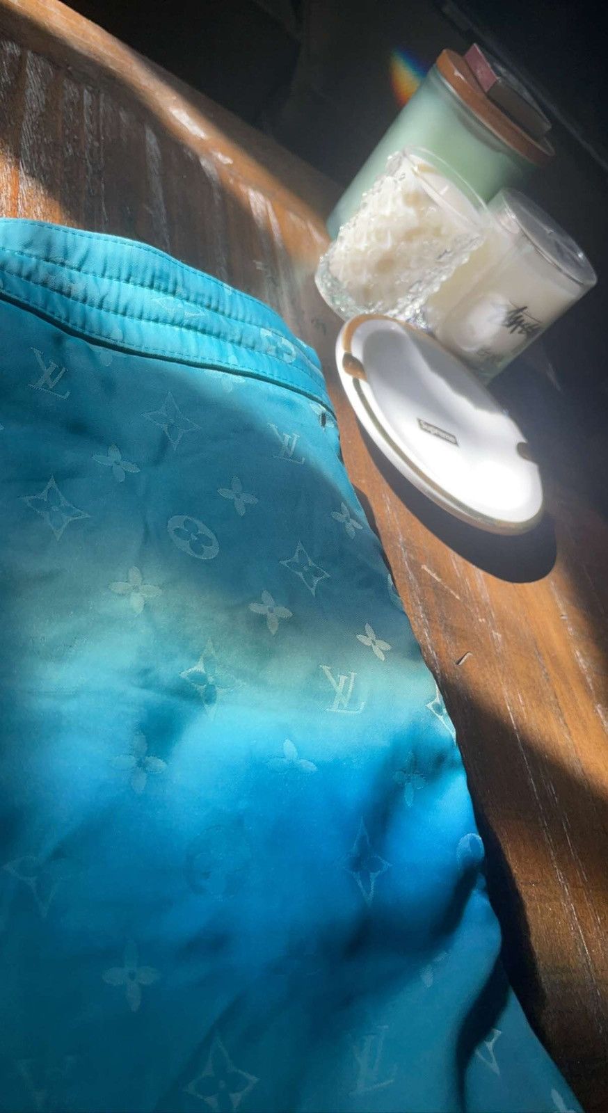 Louis Vuitton Kim Jones era LV mono swim trunks, teal/blue | Grailed