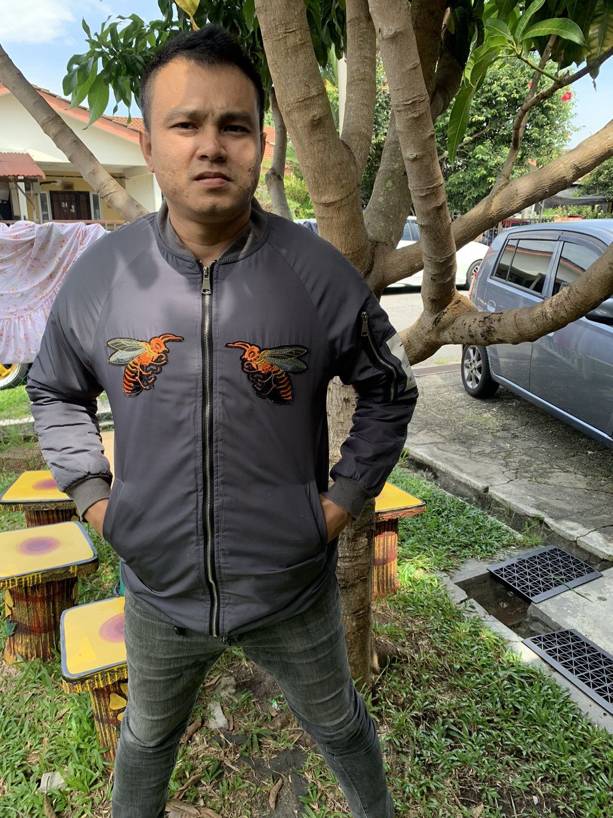 Japanese Brand Musium Rab style bee patch bomber jacket | Grailed