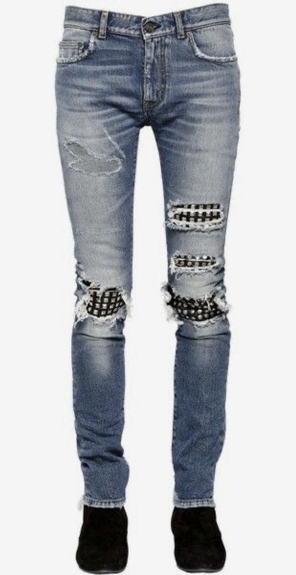 Saint Laurent Paris Saint Laurent Studded Distressed Leather Patch ...