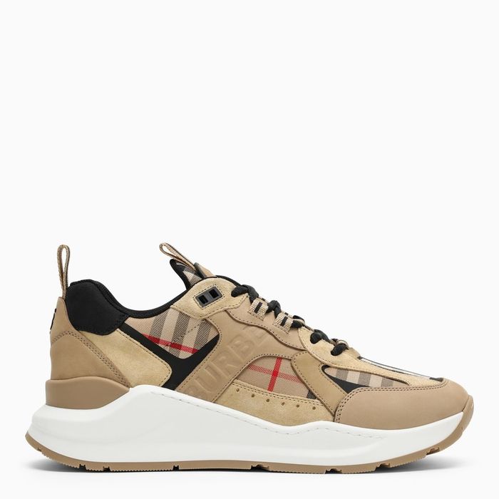 Burberry Burberry Beige Leather And Check Print Trainer | Grailed