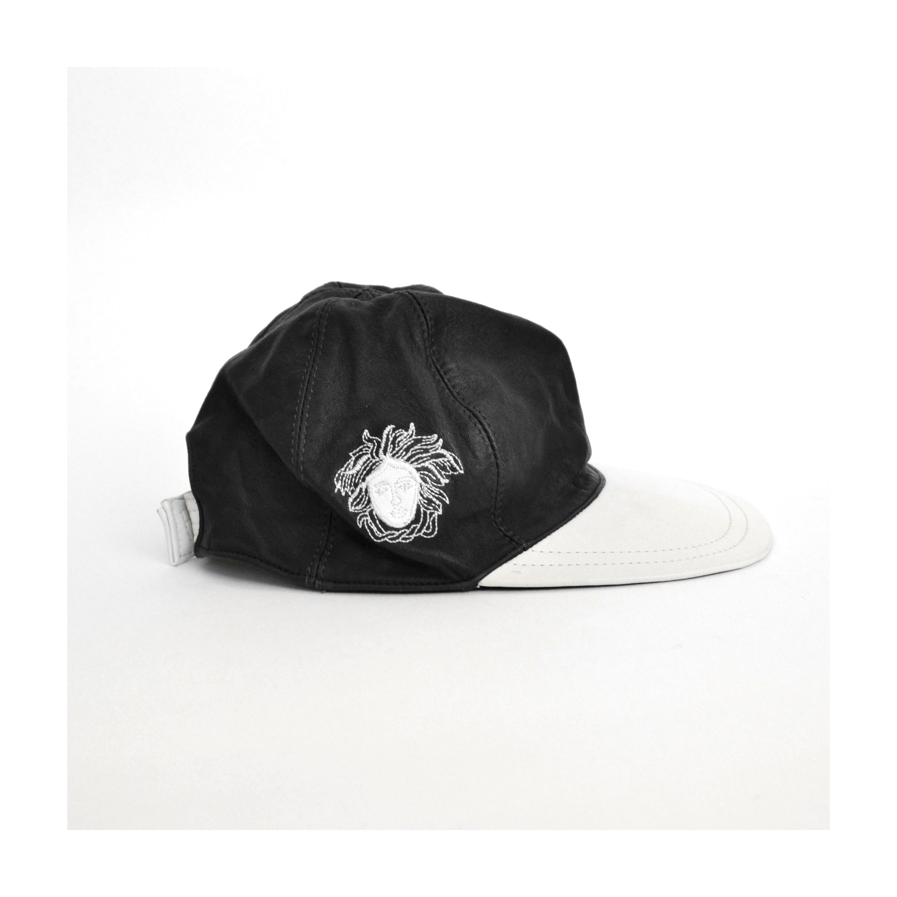 Leather ⚪️ Gianni Versace Cap Medusa Black White Vintage 90s Logo | Grailed