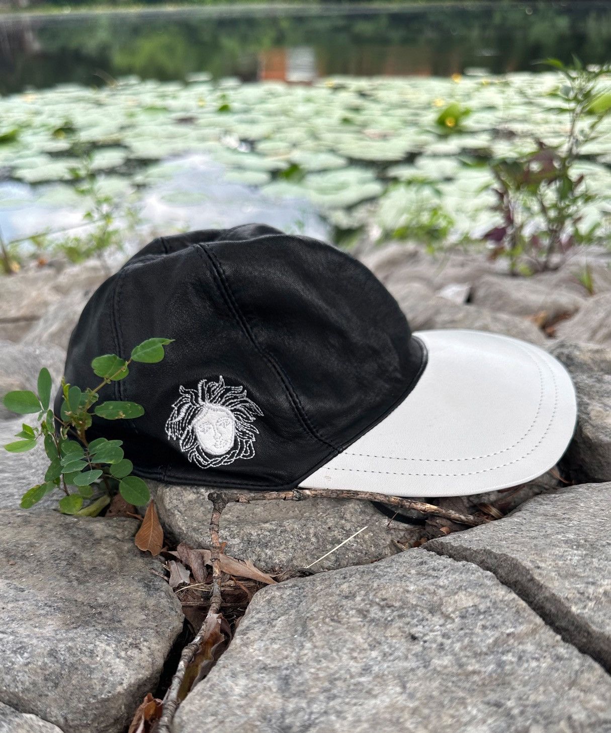 Leather Gianni Versace Cap Medusa Black White Vintage 90s Logo | Grailed